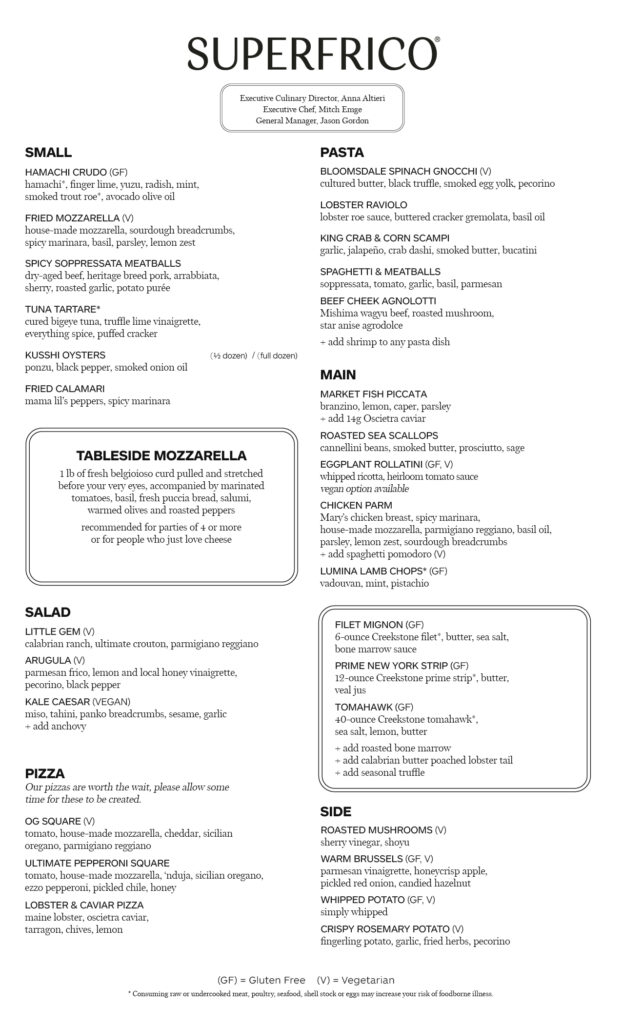 Superfrico Las Vegas Menus - Spiegelworld