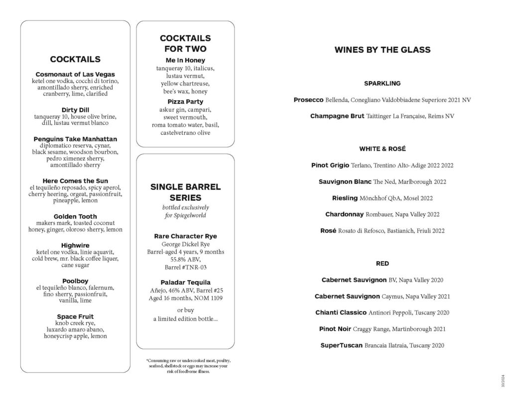 Superfrico Las Vegas Menus - Spiegelworld