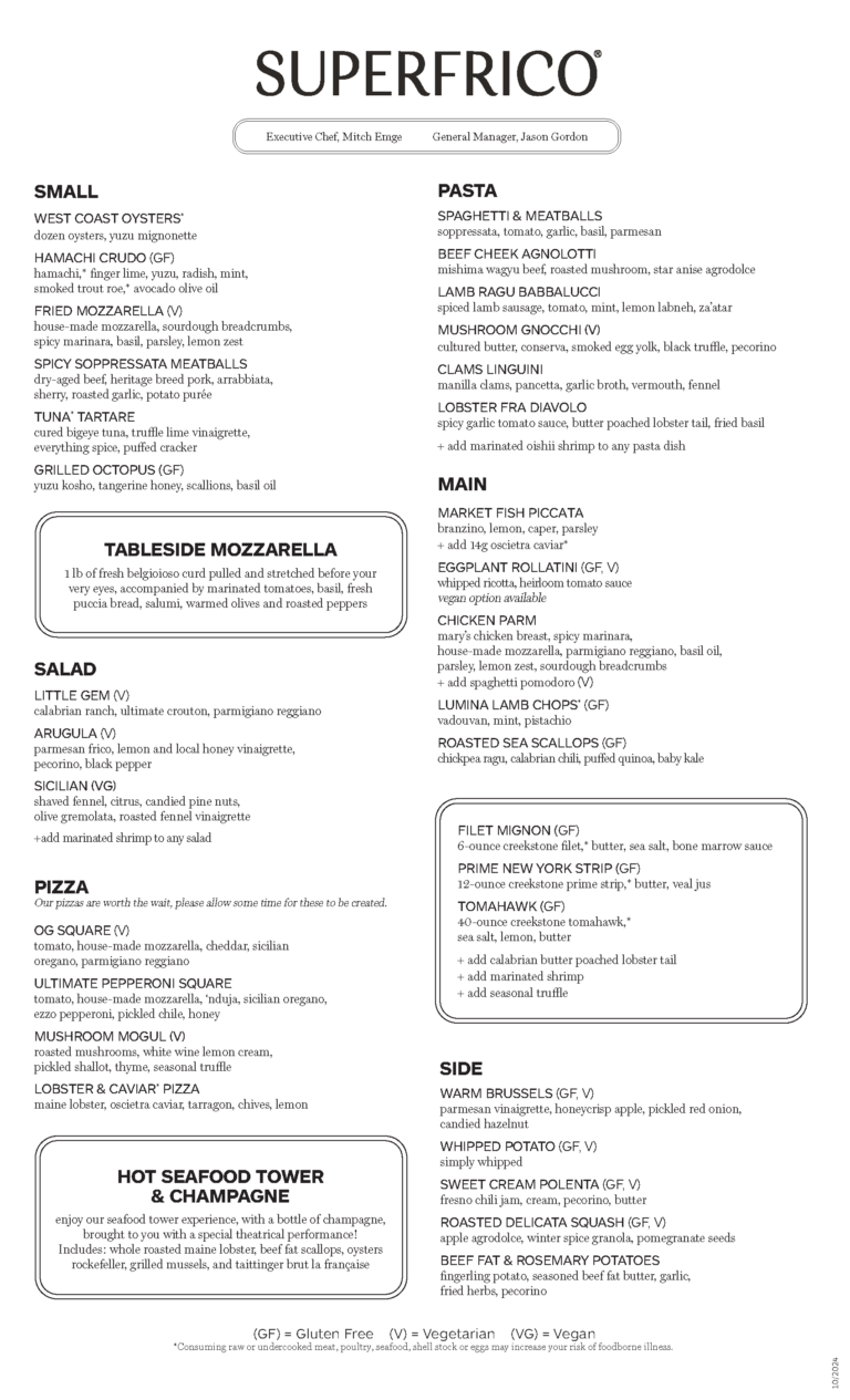 Superfrico Las Vegas Menus - Spiegelworld