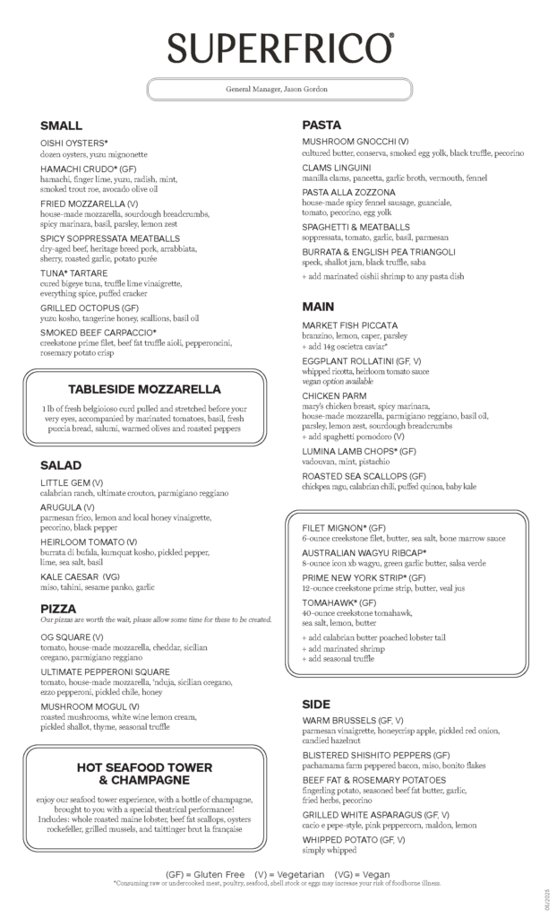 Superfrico Las Vegas Menus - Spiegelworld
